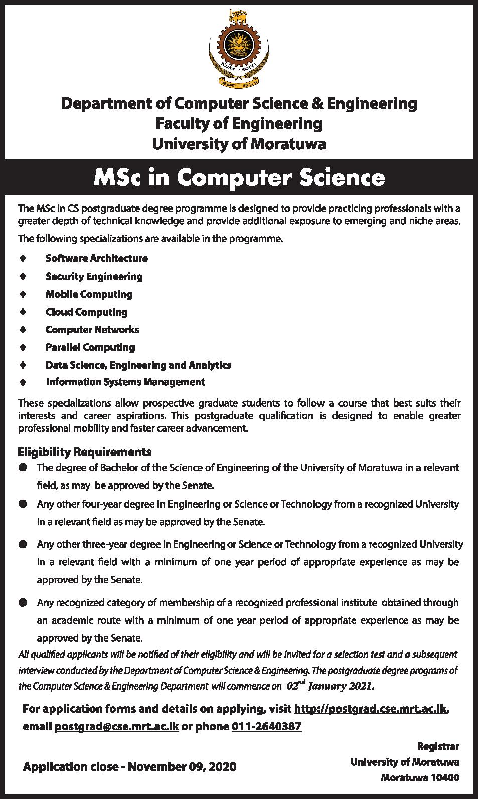 MSc/ PG Dip in Computer Science | University of Moratuwa